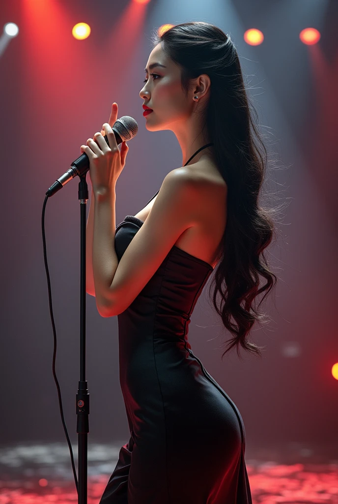 The Chinese female singer holds the microphone with a sensual allure ...