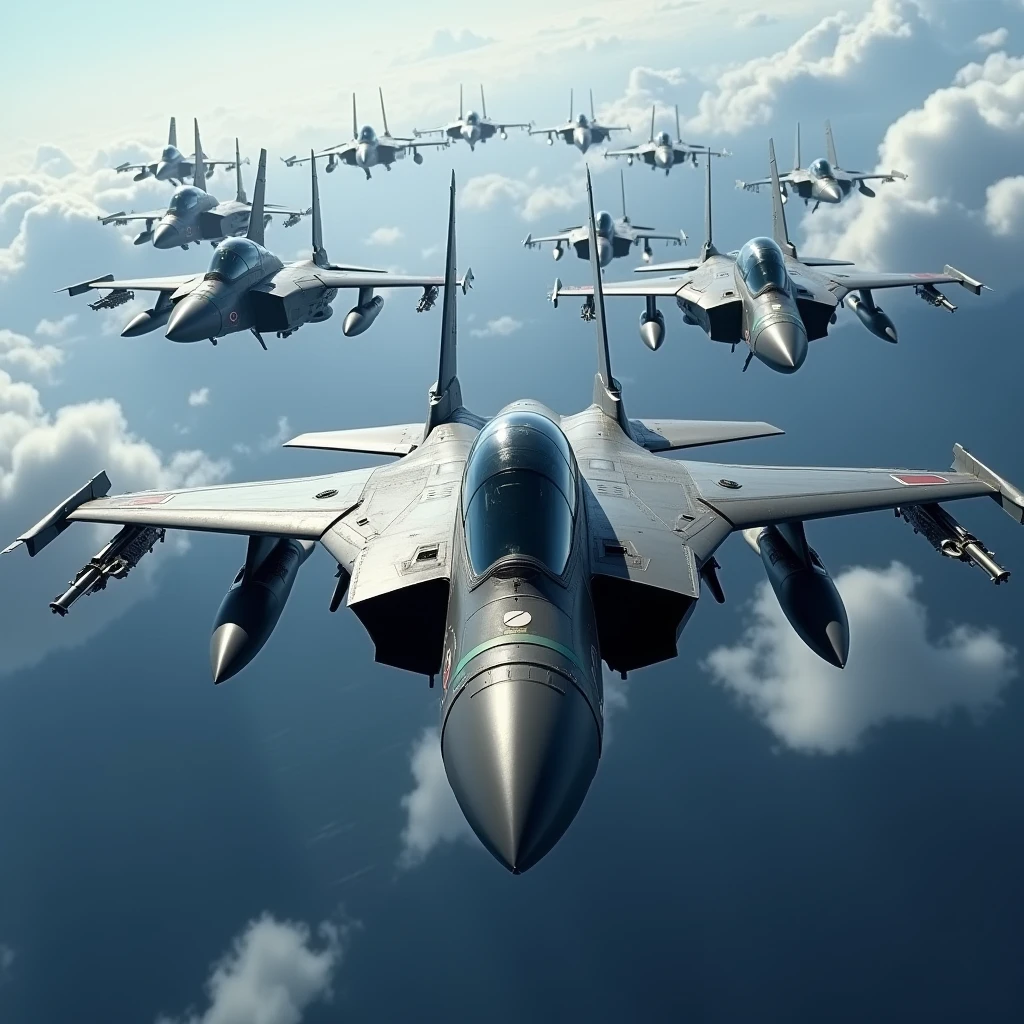 Close-up of a flock of fighter jets flying in the sky, Ace Combat ...