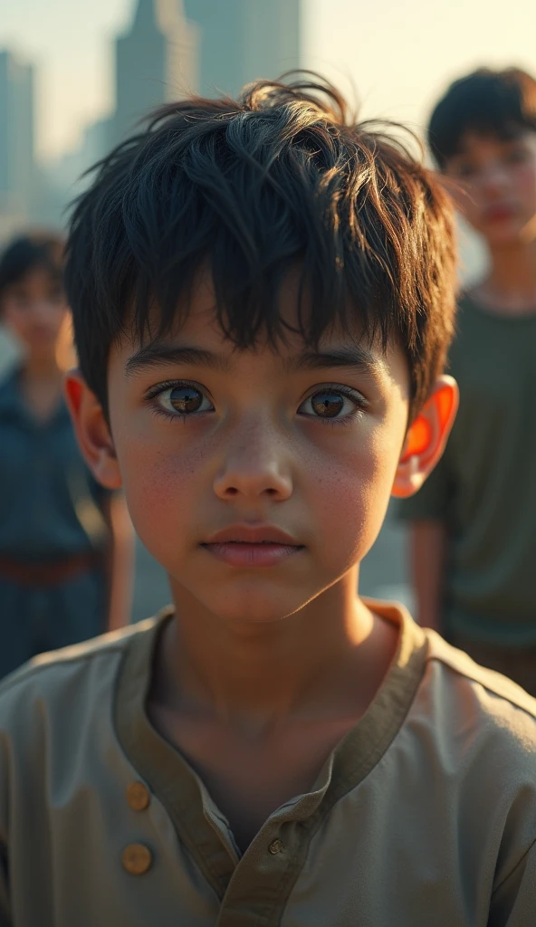 Close-up of 12 years boy's face, with glowing eyes full of hope and ...