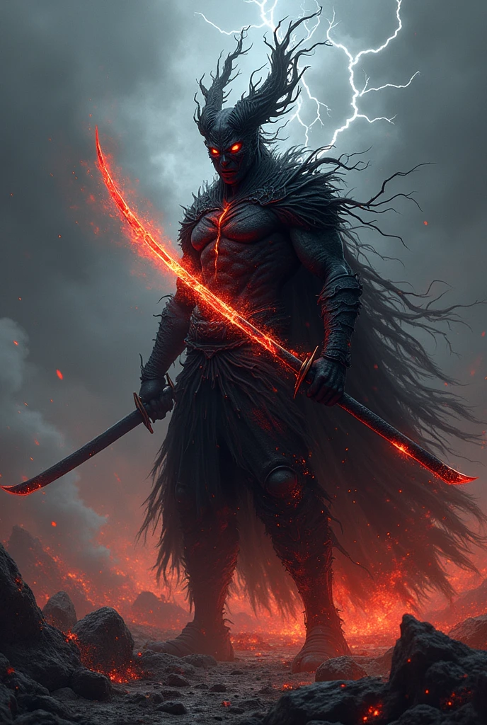 Demonic swordsman with lightning bolts, a katana in black flames and an ...