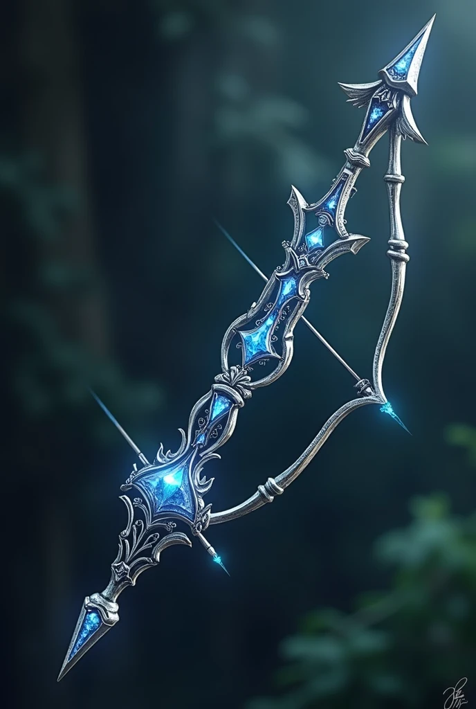 Silver bow and arrow decorated with blue gems - SeaArt AI