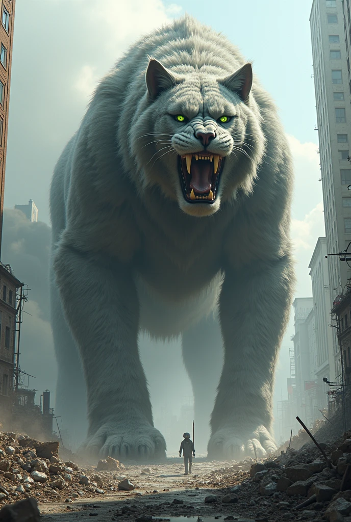 Giant gray cat with green eyes destroying a city - SeaArt AI