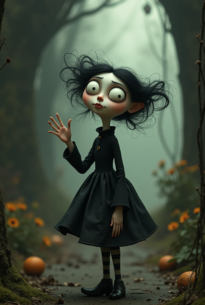 Caroline from Tim Burton waving - SeaArt AI