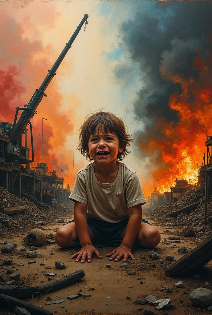 Crying child, war, israel , undoing , fire,wreckage , abstract painting ...