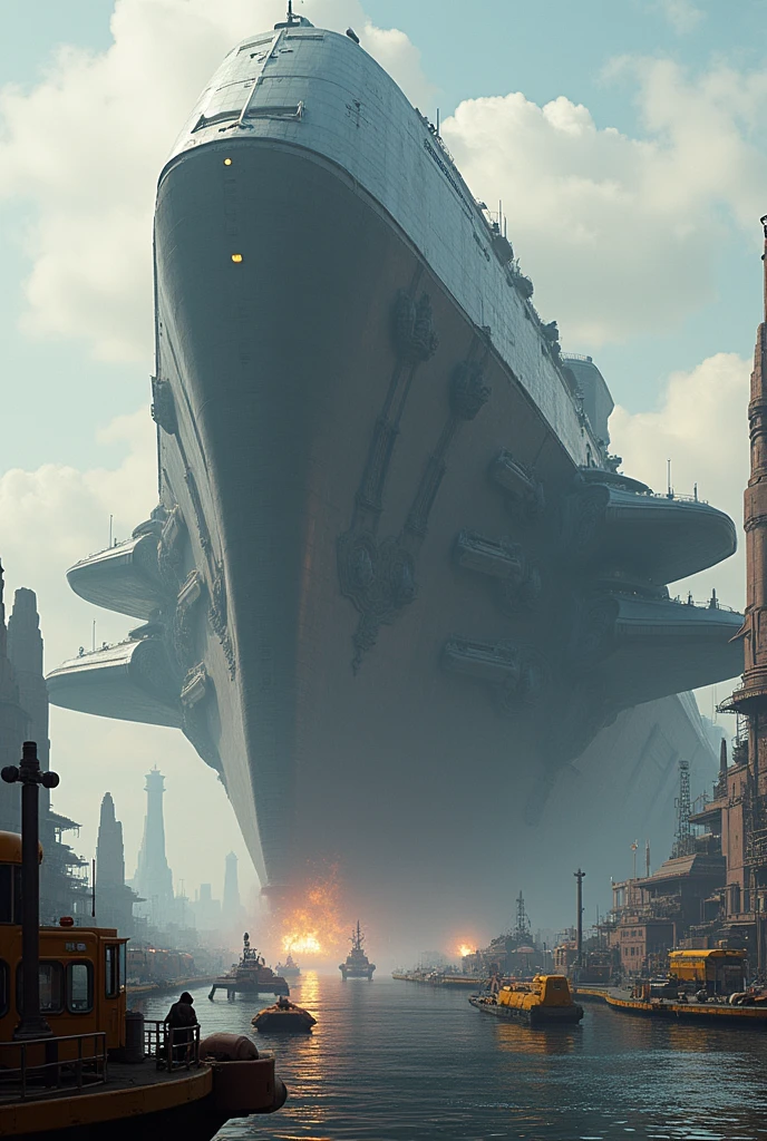 A massive ship coming into view as it docks in a busy spaceport - SeaArt AI