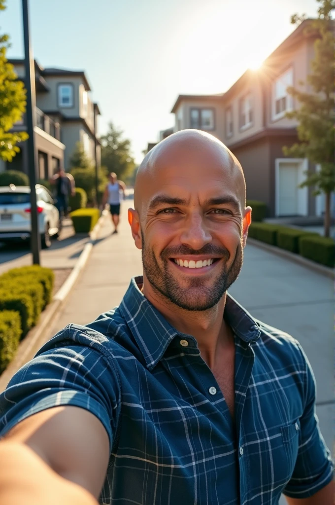 A very attractive and sexy bald man with a muscular physique taking a ...