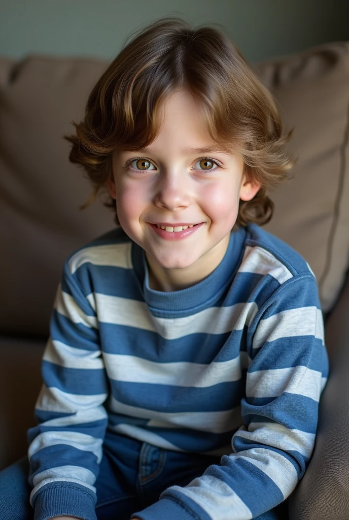 Photograph of a seven year old boy sitting on the couch with brown blonde hair - SeaArt AI