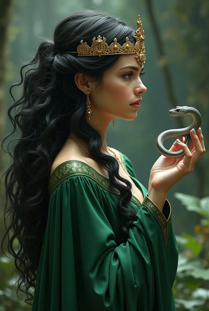 Make a image of a girl with many black and green snake hair with a gold ...