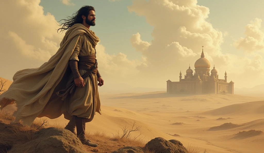 A sorrowful Aladdin, dressed in traveler's garb, stands on a barren ...