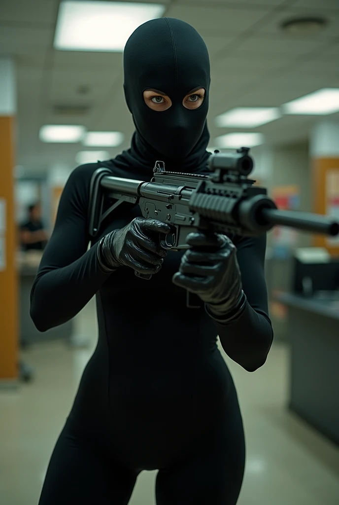 A woman wearing a balaclava with two eyeholes, a tight-fitting bodysuit ...