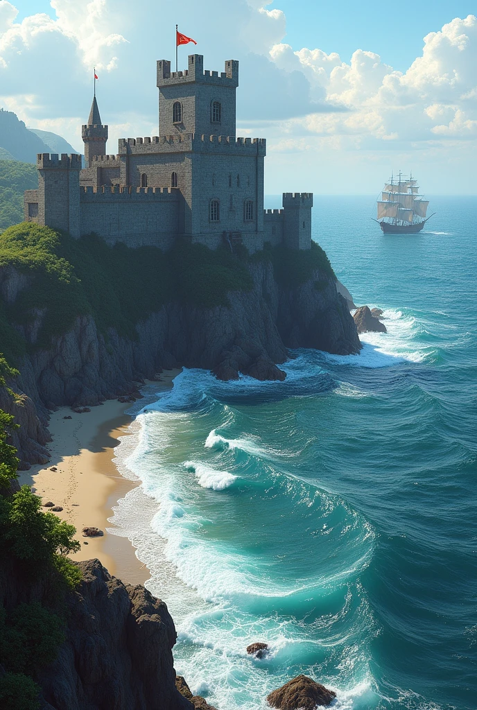 Medieval castle on the seashore, looking out over the sea, medieval ...