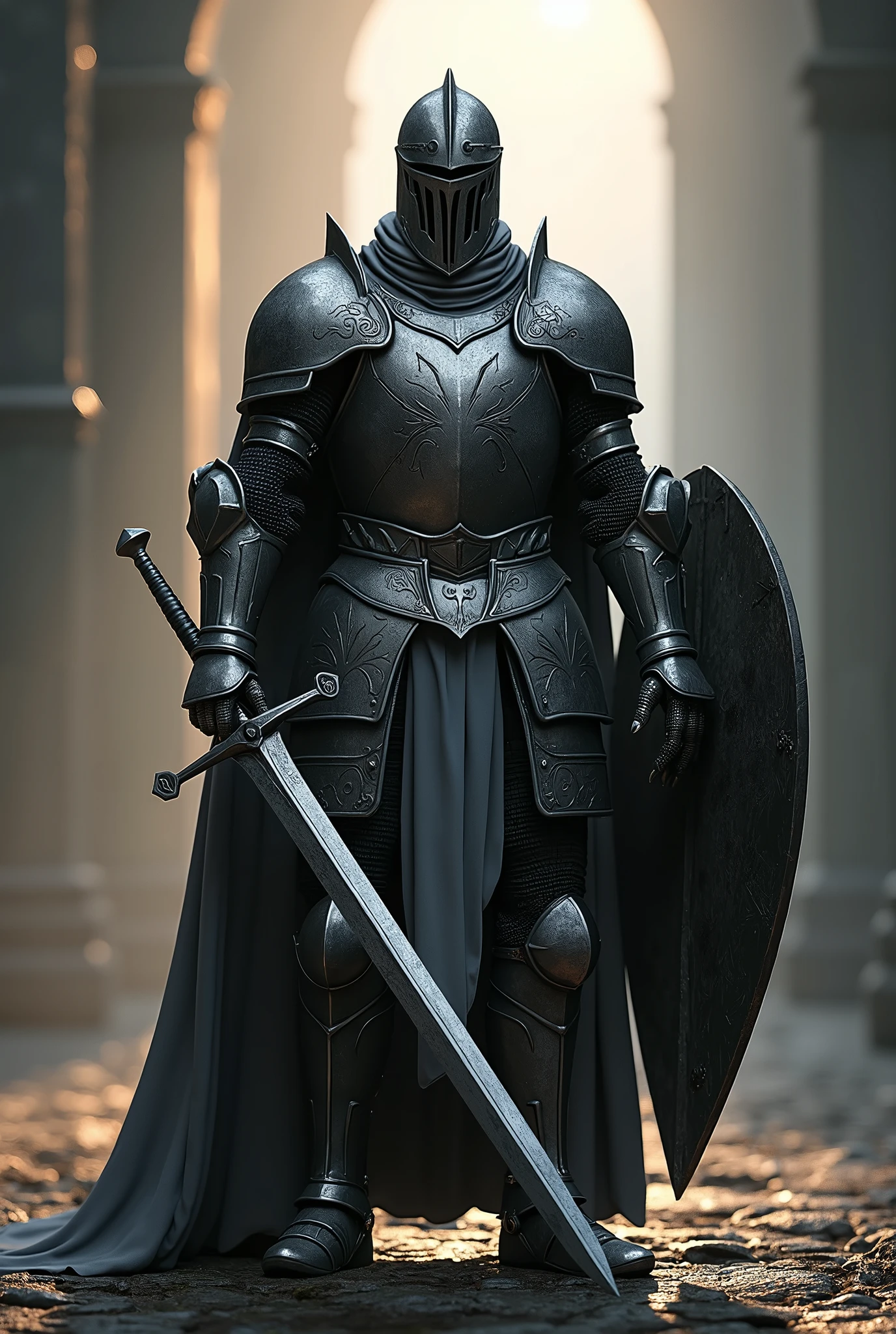 Arafed knight in armor with sword and shield in a courtyard - SeaArt AI