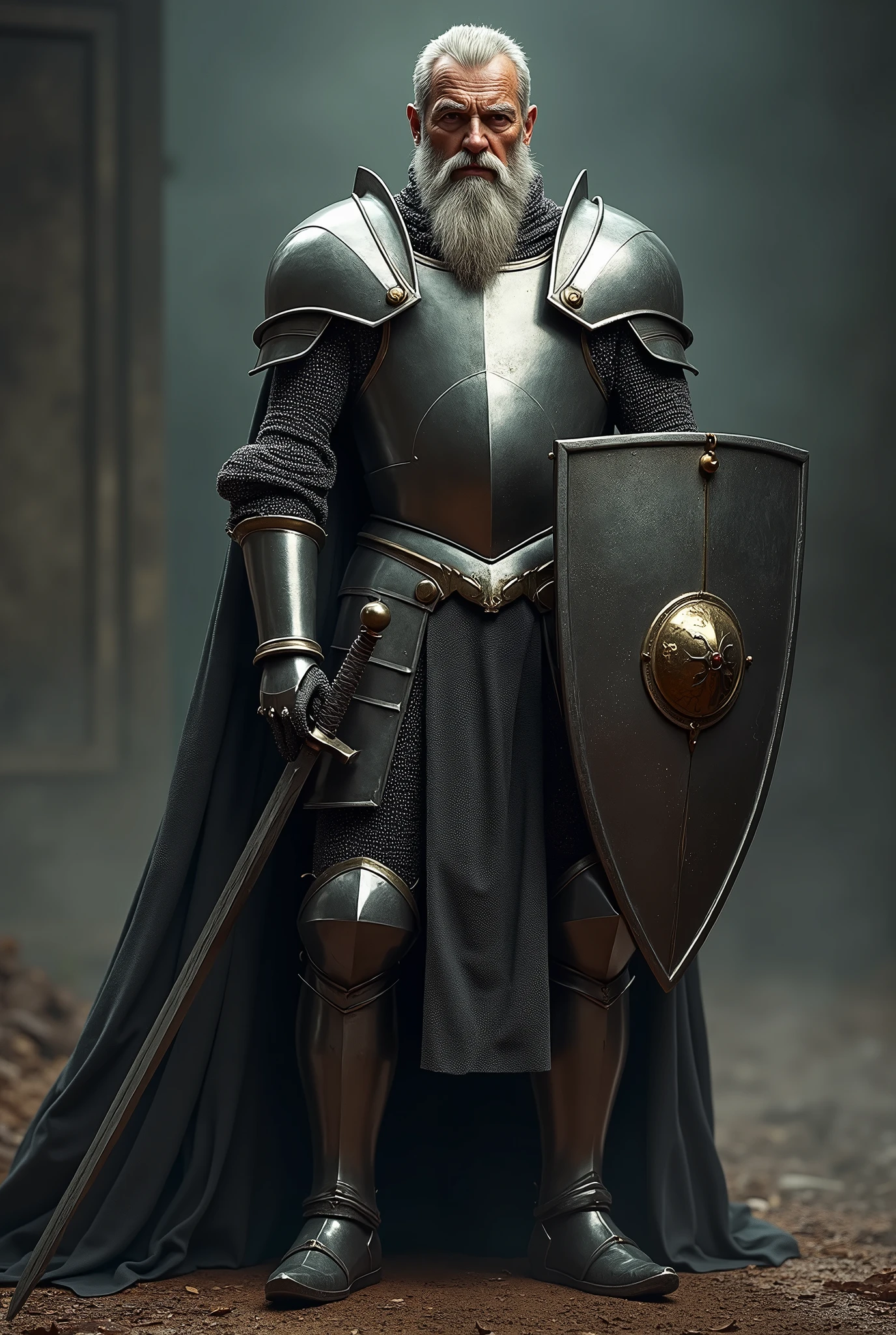 Arafed man in armor with a sword and shield in a dark room - SeaArt AI
