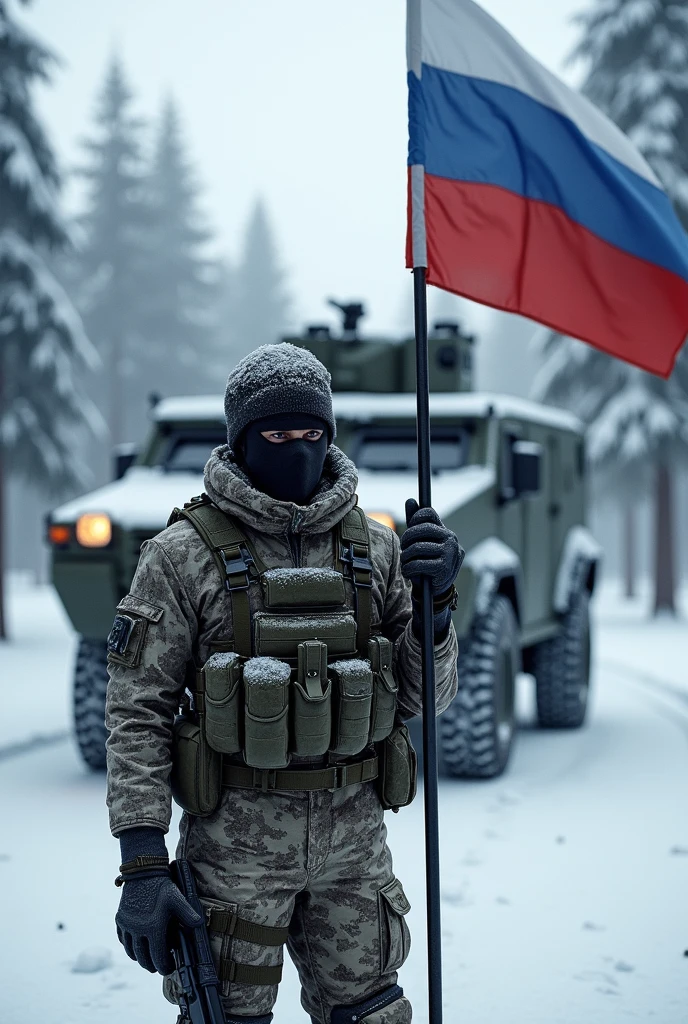 Russian special force in mask holding flag front of the APC beautiful ...
