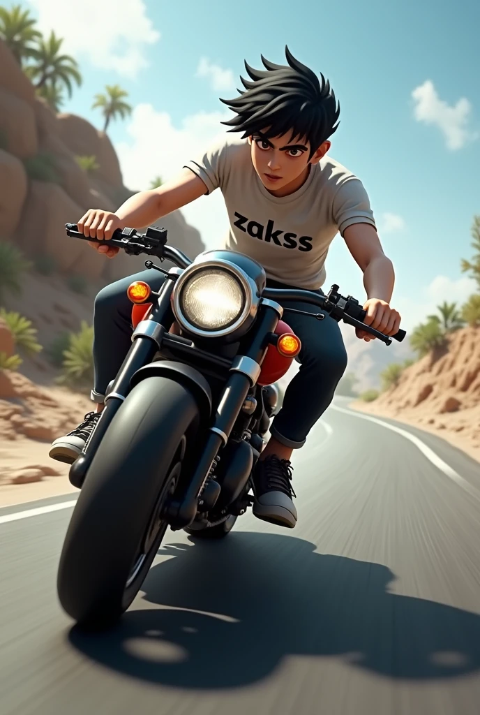 3D A YOUNG MAN RACING A MOTORBIKE VERY FAST HAS BLACK HAIR AND RED EYES ...