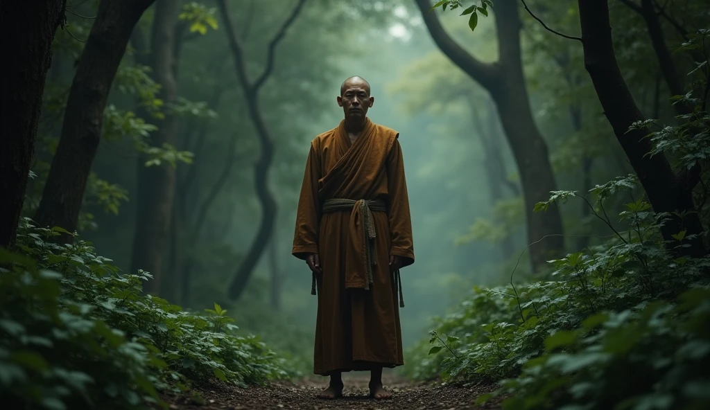 "A full-body image of a 1 monk with a shaved head, dressed in ...