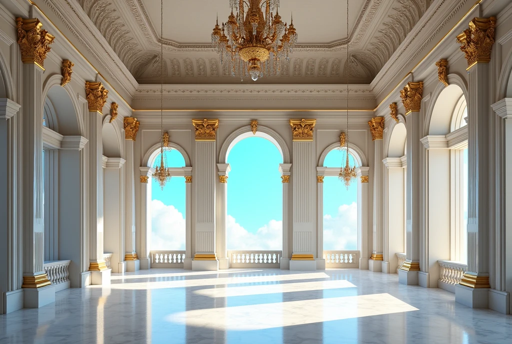The interior of the ballroom in an old white and gold palace features ...