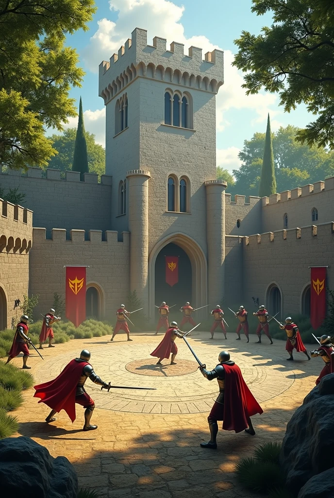 Backyard of a fantasy castle, fighting practice area - SeaArt AI