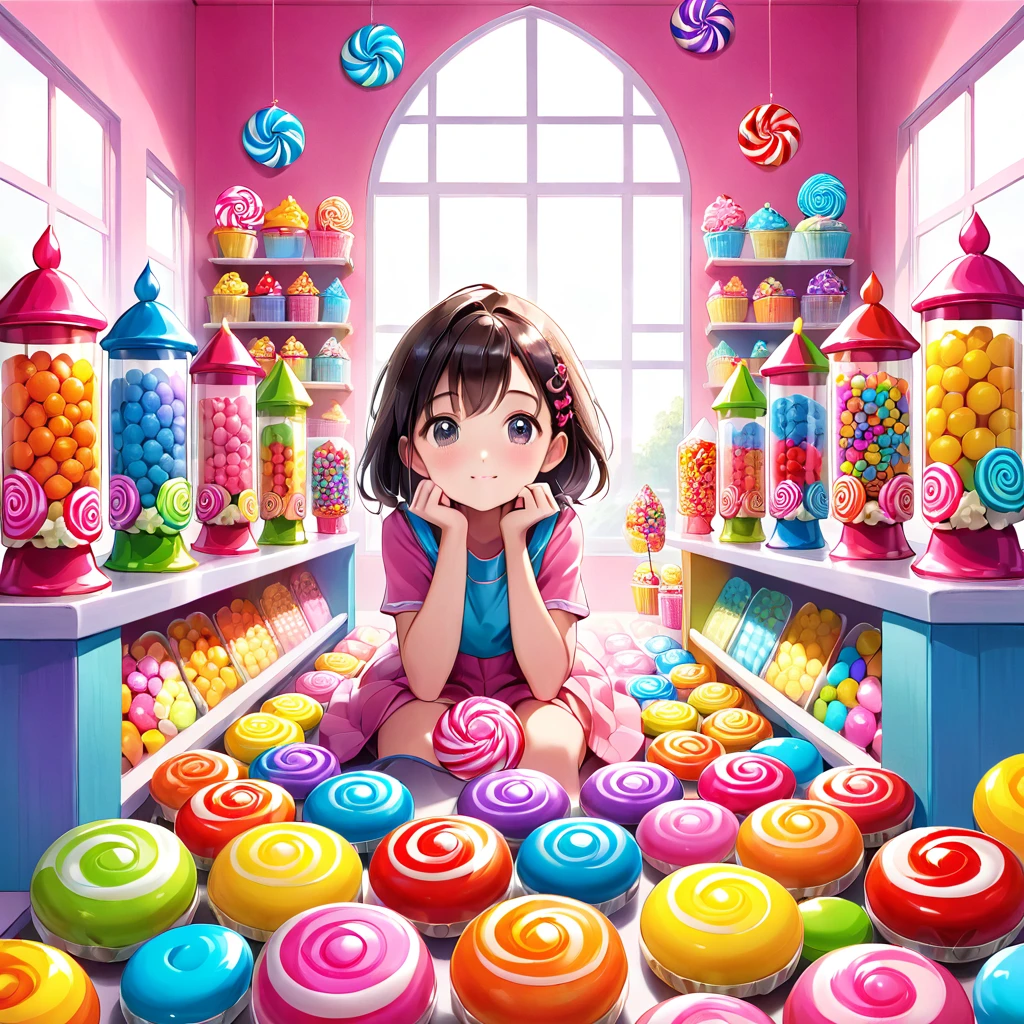 One girl, High resolution, Candy House、There are lots of sweets lined ...