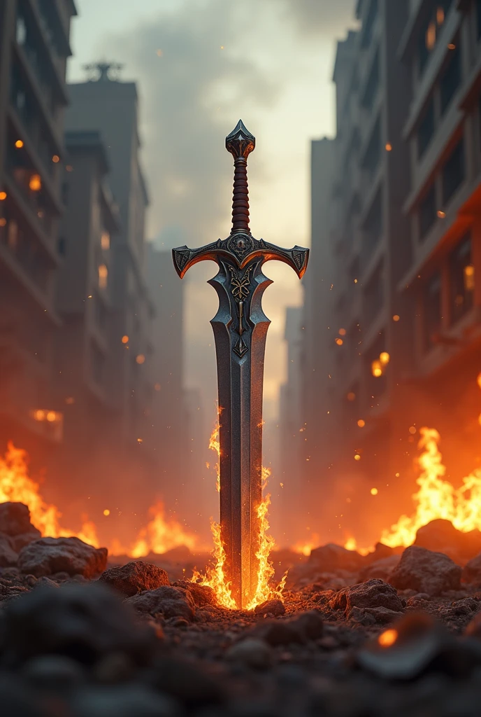 A sword firmly planted in a burning city - SeaArt AI