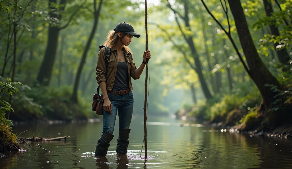 Capture a highly realistic image of a young woman spear fishing in a ...