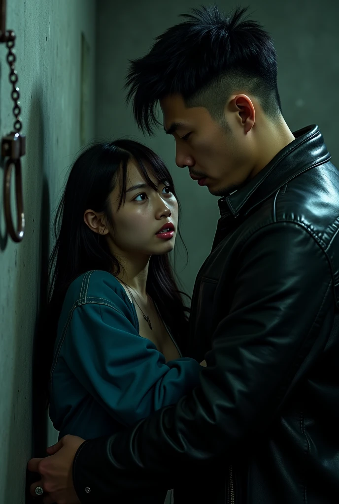 A girl with blue eyes, frightened, grabbed the leather jacket of a ...