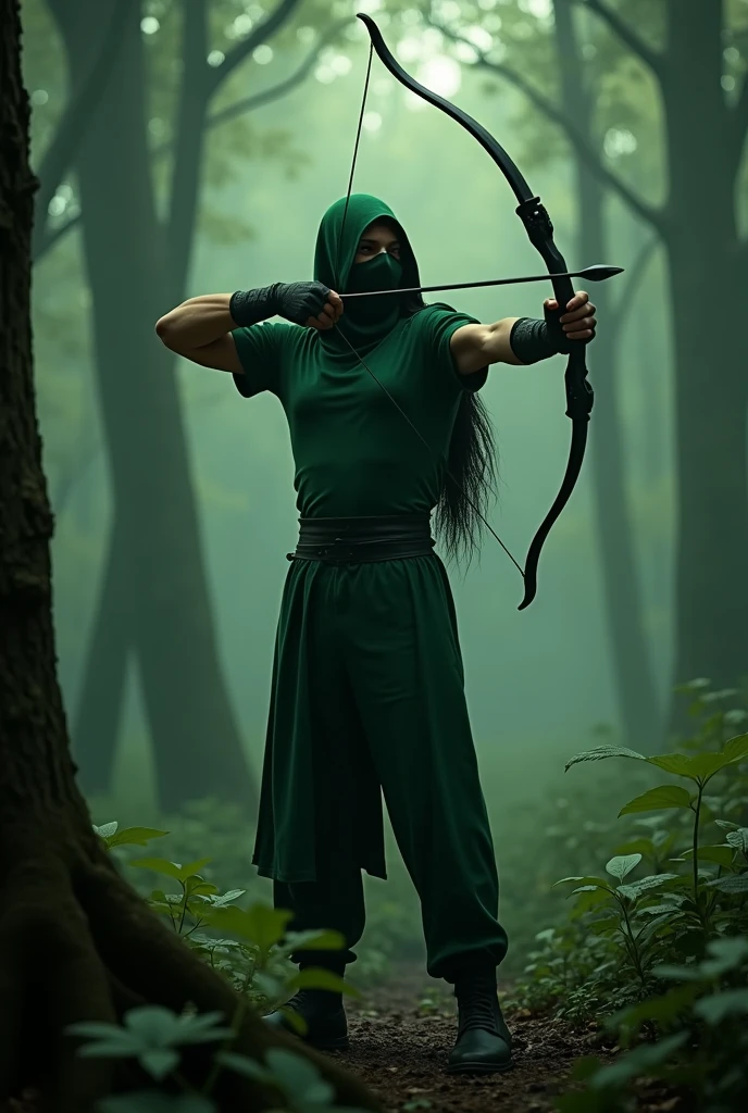 A masked green archer wearing suit and tee on a deep forest - SeaArt AI