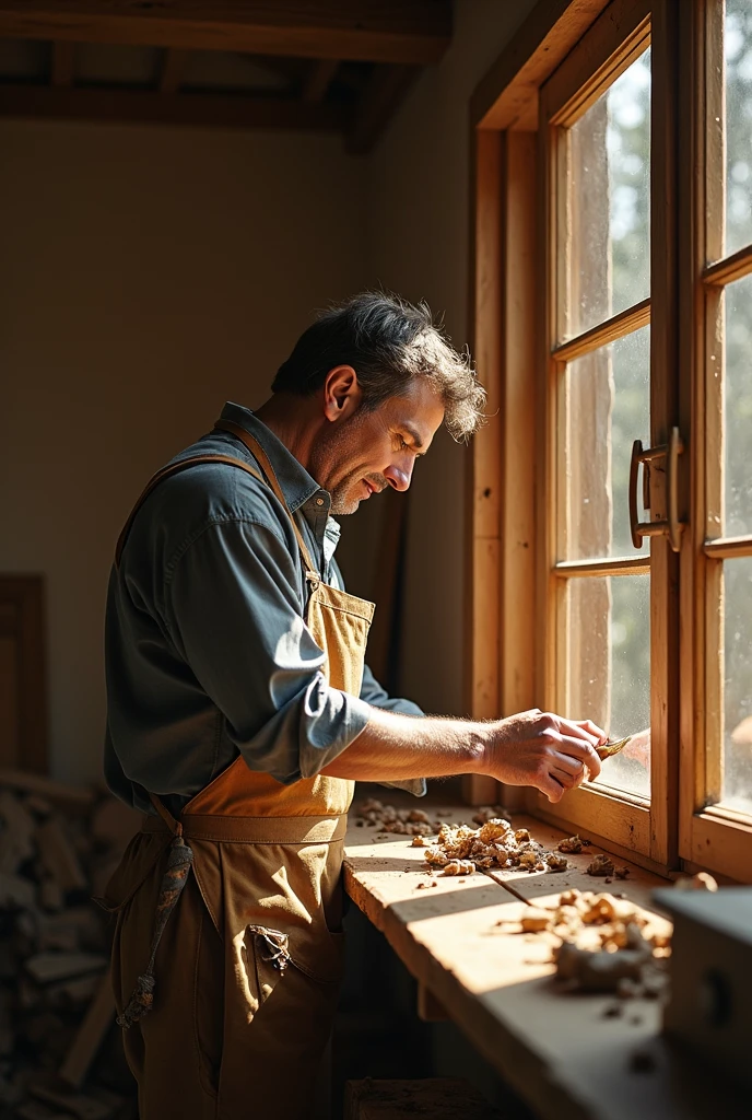 A carpenter working on wooden windows, highly detailed, realistic ...