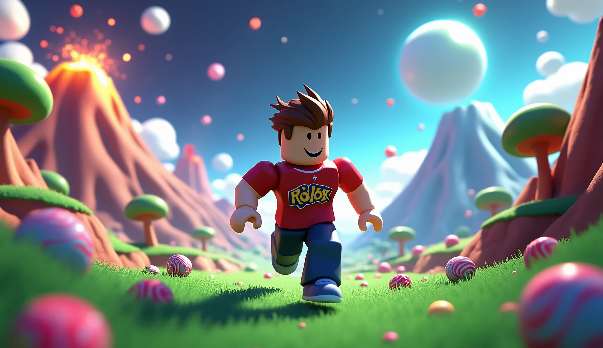 Lego man running through a field of candy land with balloons - SeaArt AI