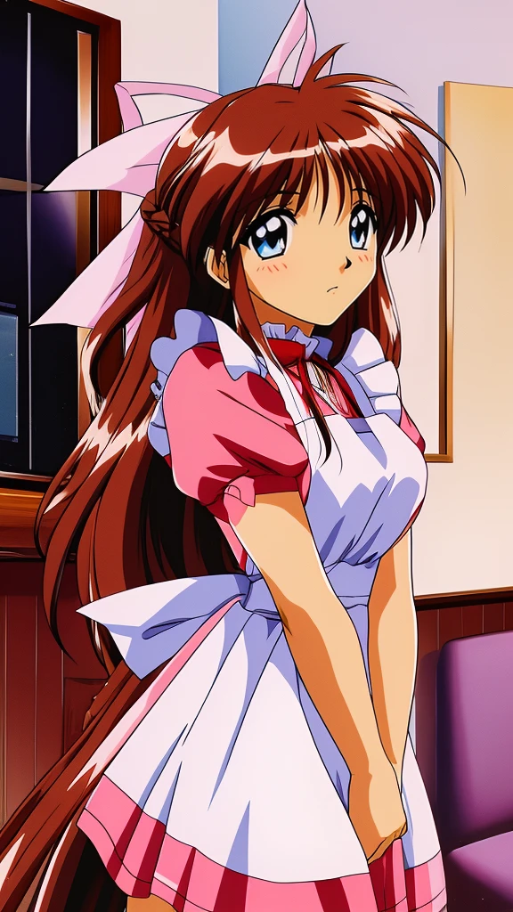 HinomoriAzusa, 1girl, solo, brown hair, long hair, ribbon, smile ...