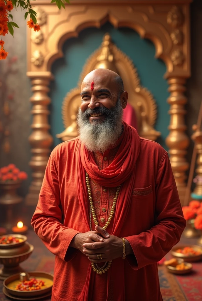 A indian man wearing a red punjabi, with a little beard, a little red ...