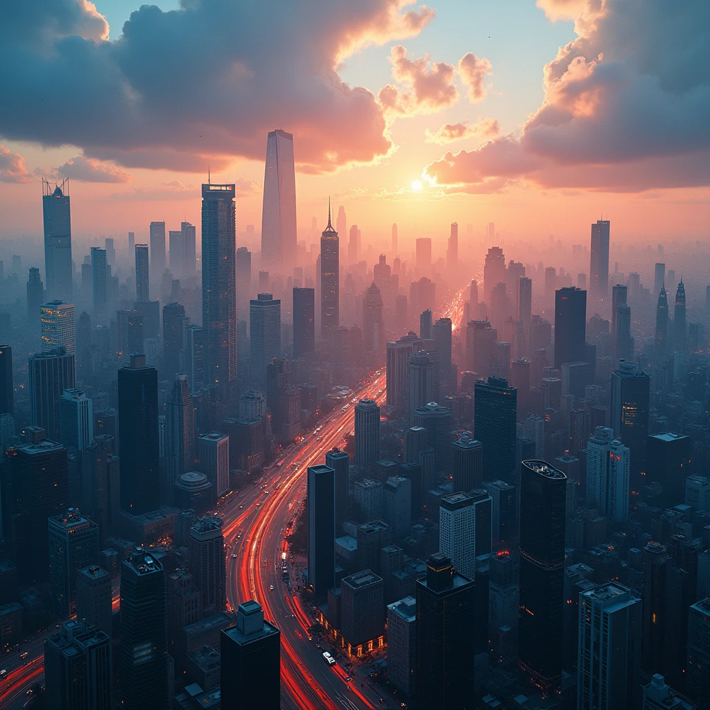 From a high altitude, the city skyline displays the contours of various ...