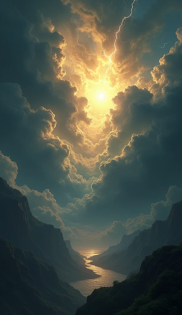 "A world engulfed in chaos, with dark storm clouds swirling violently ...