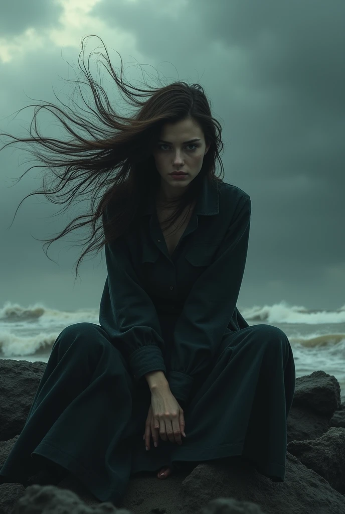 A Sad mature Girl sitting sad pose with hair blowned by heavy wind ...