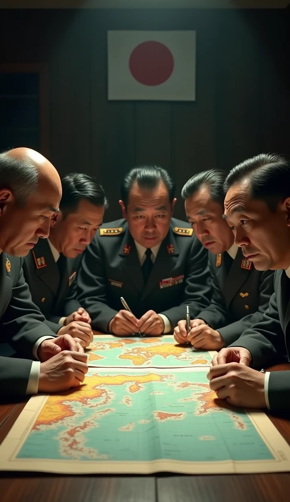 Japanese military commanders in a tense war room in 1944, discussing ...