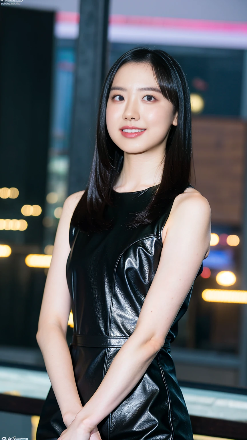 Batman cosplaying woman in leather outfit posing in front of cityscape ...