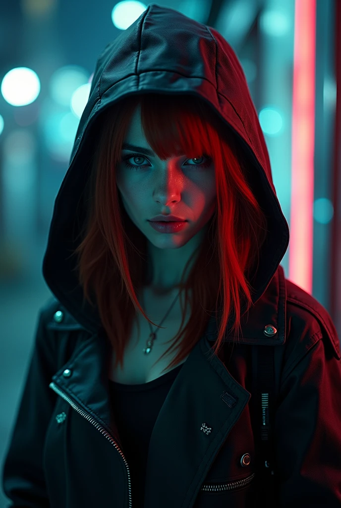 Female hacker with red hair in hooded coat - SeaArt AI