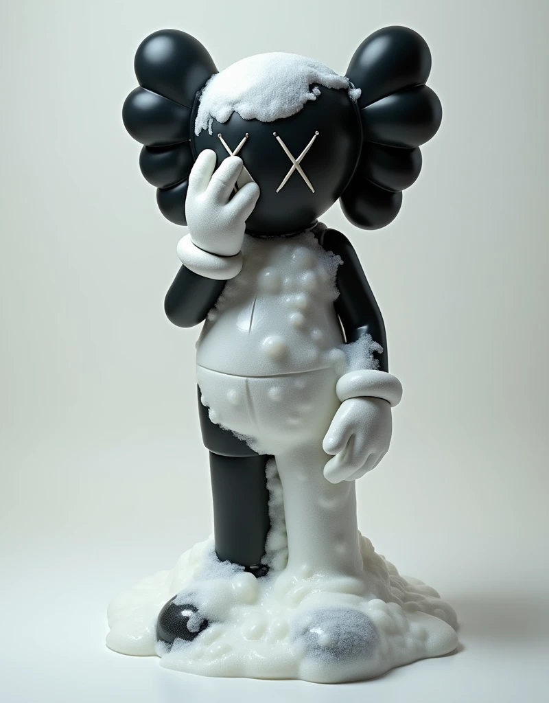 Create a very hyper realistic black kaws his body cover by foam soap ...