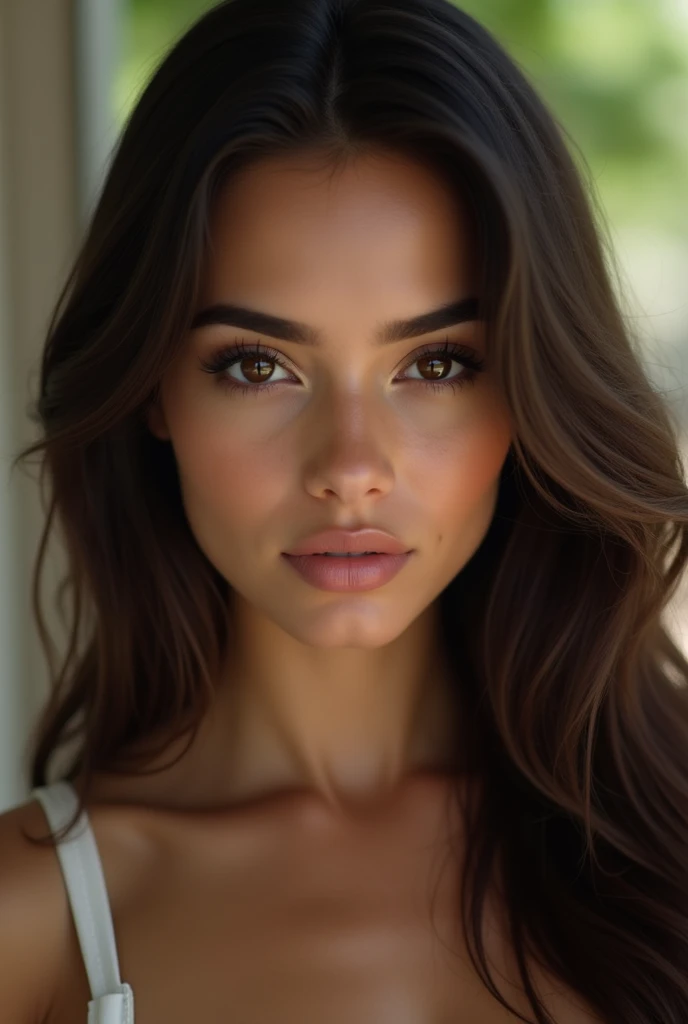 A young 2 Colombian woman with beautiful brunette hair, striking marron ...