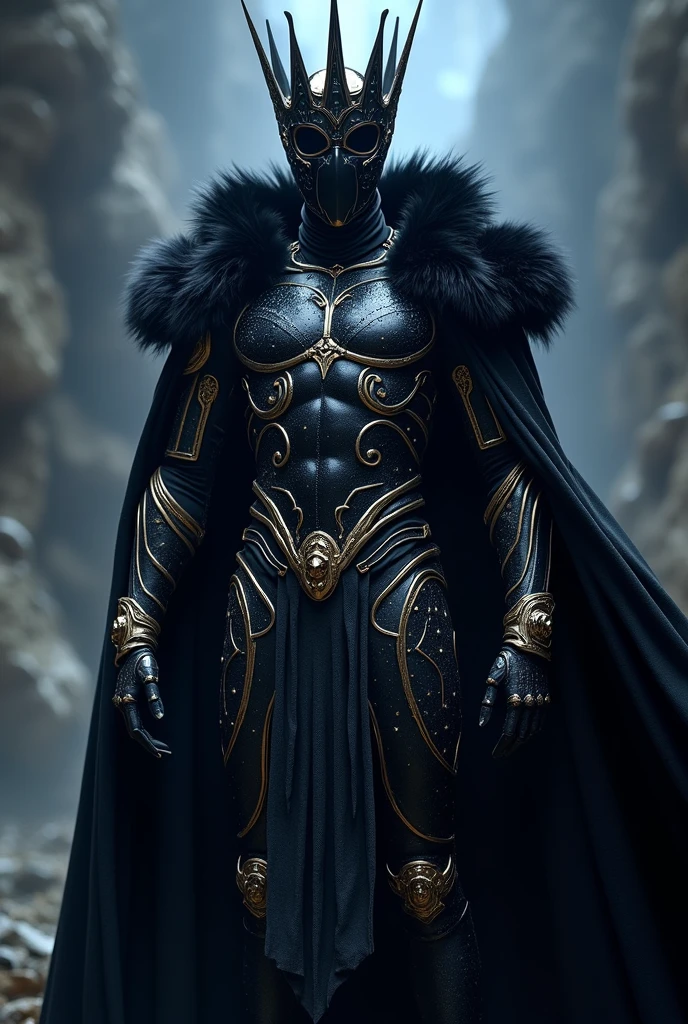 An anti-hero with black armor made of blue stars and gold details ...