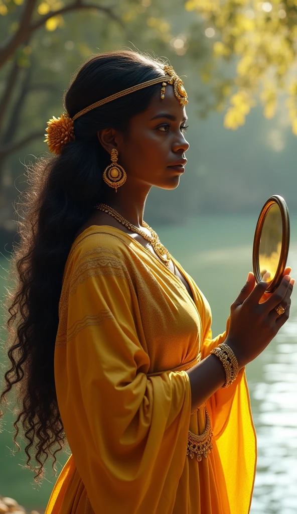 Create a realistic, cinematic depiction of the orixá Oxum. She is a ...