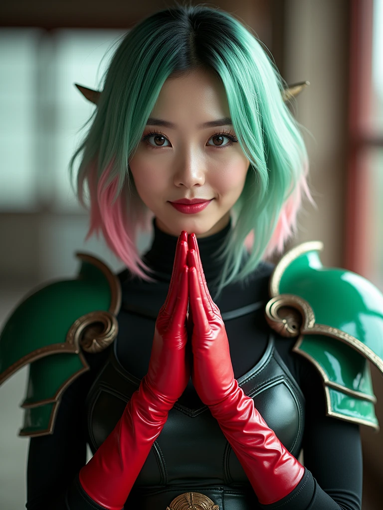 A beautiful asian woman dressed in cosplay attire with a distinctive ...