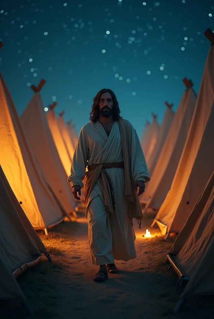 Jesus Christ walking among modern tents at a camp. at night, starlight ...