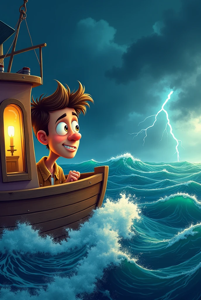 Create the image of a young man in a cartoon looking out of his boat ...