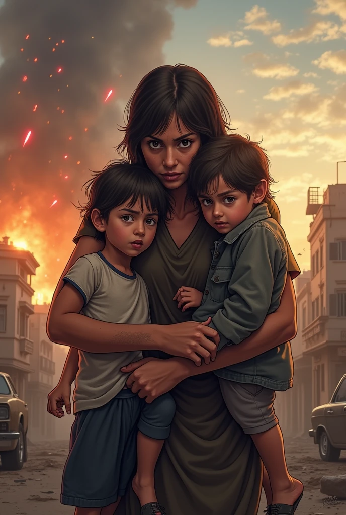 A woman, her son and her daughter in the Gaza war, rockets around them and the t - SeaArt AI