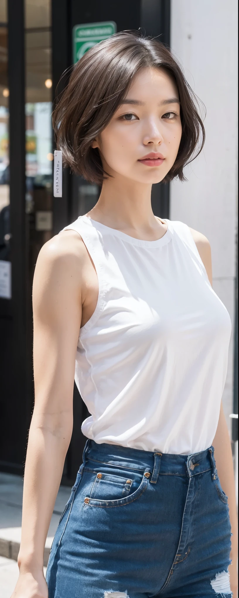 A woman in a white top and blue jeans is walking down the street - SeaArt AI