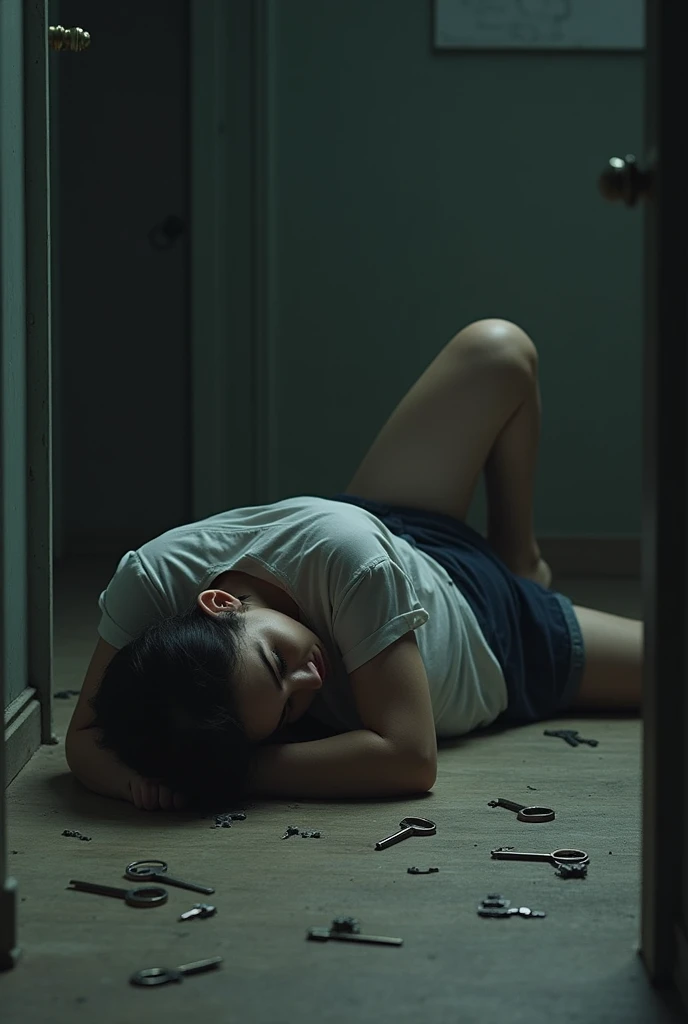 Crying woman lying on the floor with several keys - SeaArt AI