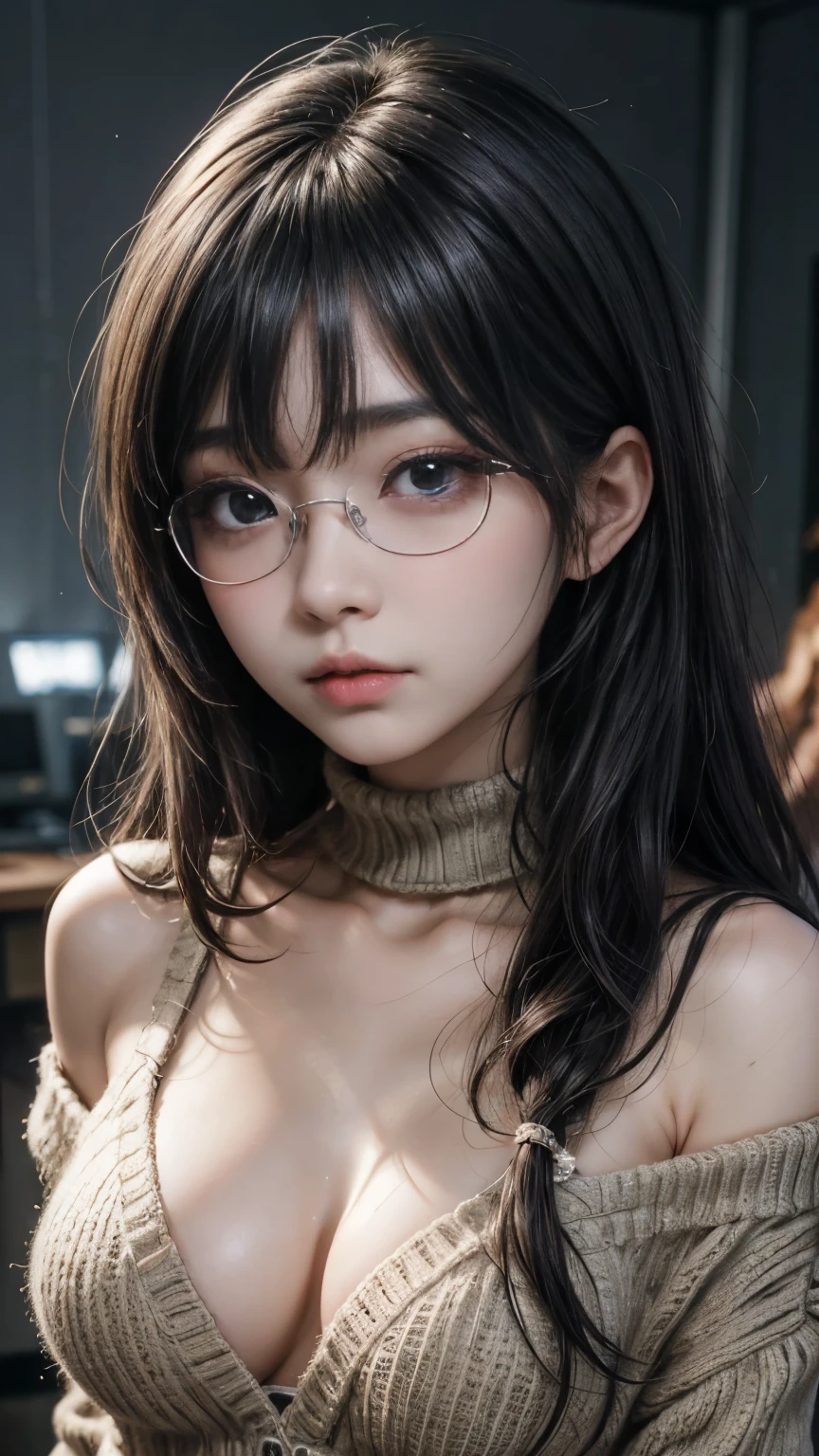 A woman with glasses and a sweater posing for the camera - SeaArt AI
