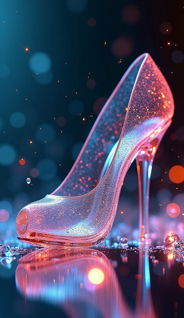 A high-heeled glass shoe, closeup, dancing, sparkling, reflective ...