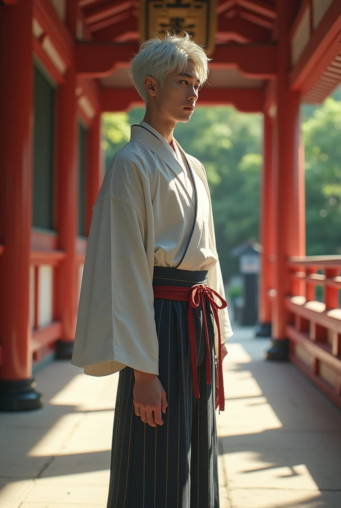 Young man Age 23 Short hair White hair Jinbei outfit Shrine High ...